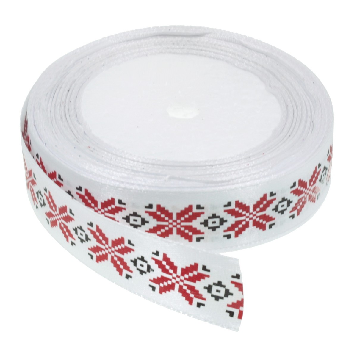 Panglica satinata alba cu motive traditionale rosu si negru 25mm x 21m/rola